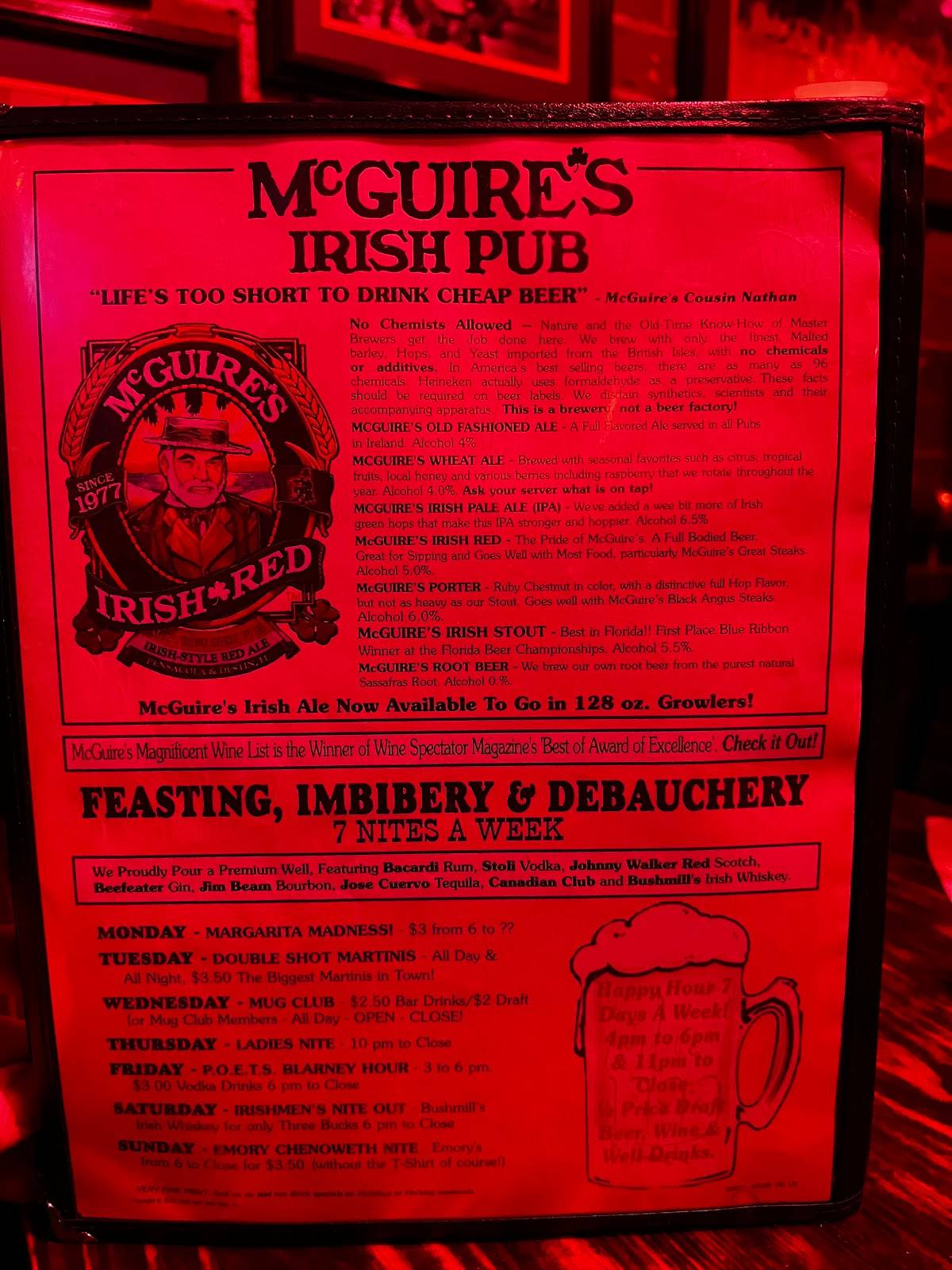 Menu at McGuire's Irish Pub, Pensacola