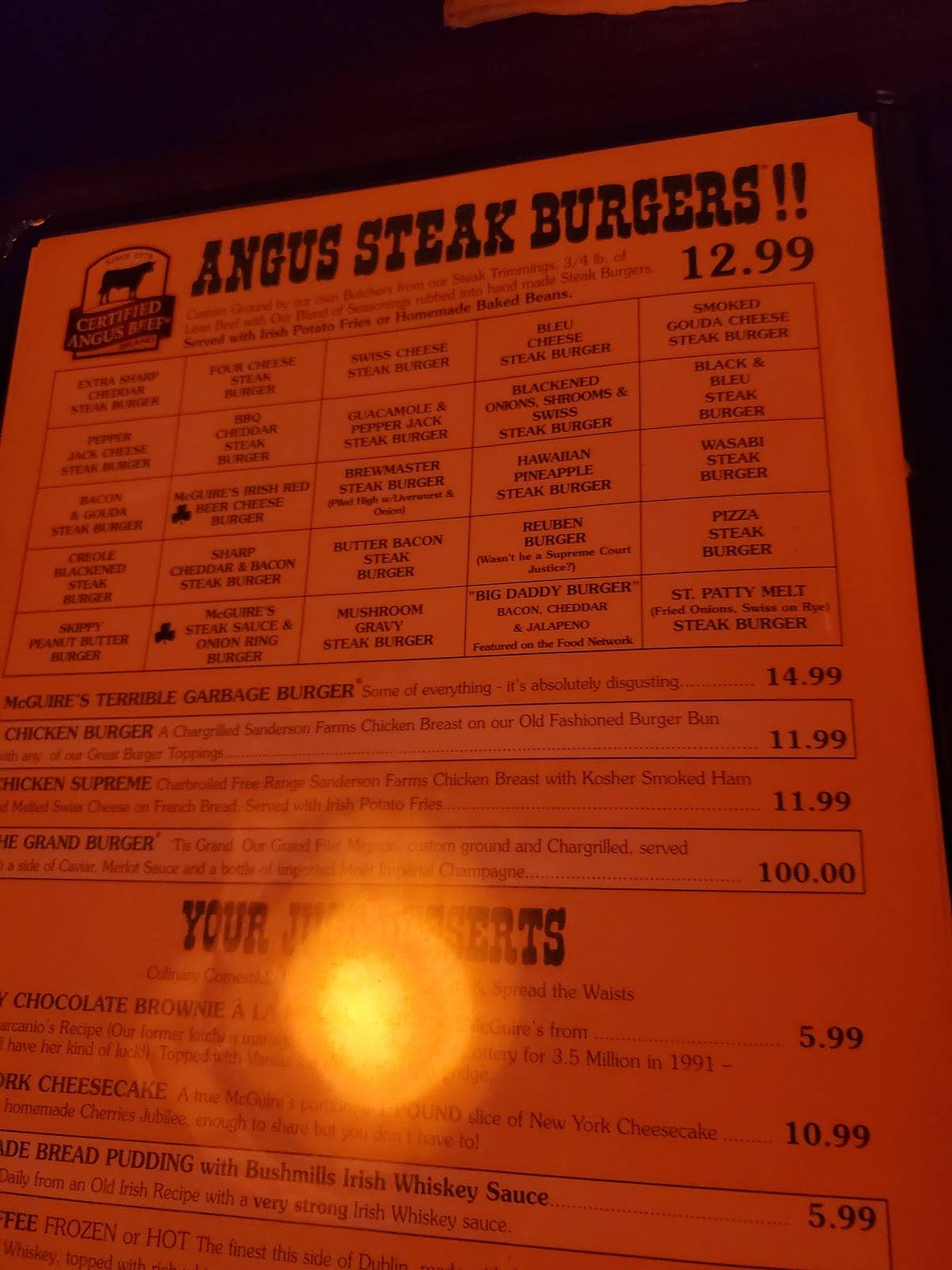 Menu at McGuire's Irish Pub, Pensacola