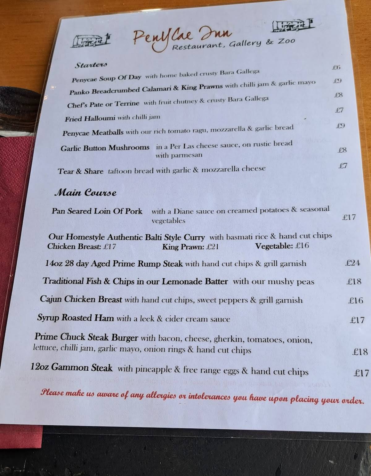 Menu at Penycae Inn Ltd pub & bar, Pen-y-cae