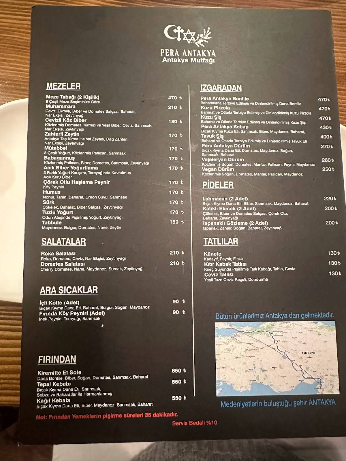Menu at Pera Antakya, Istanbul