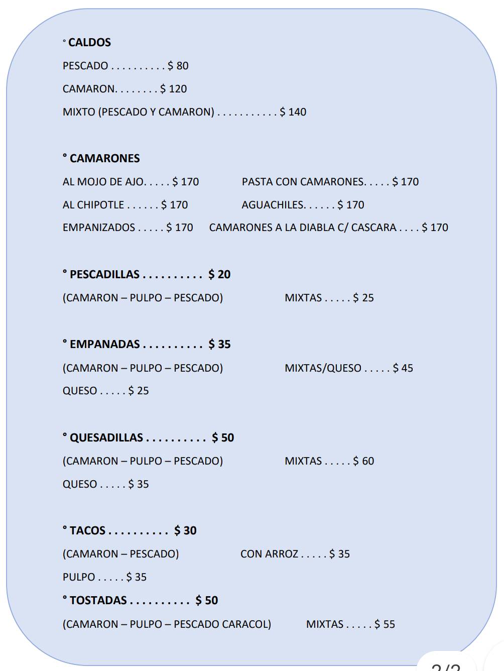 Menu at Pescados y mariscos "Lani" restaurant, Cancún
