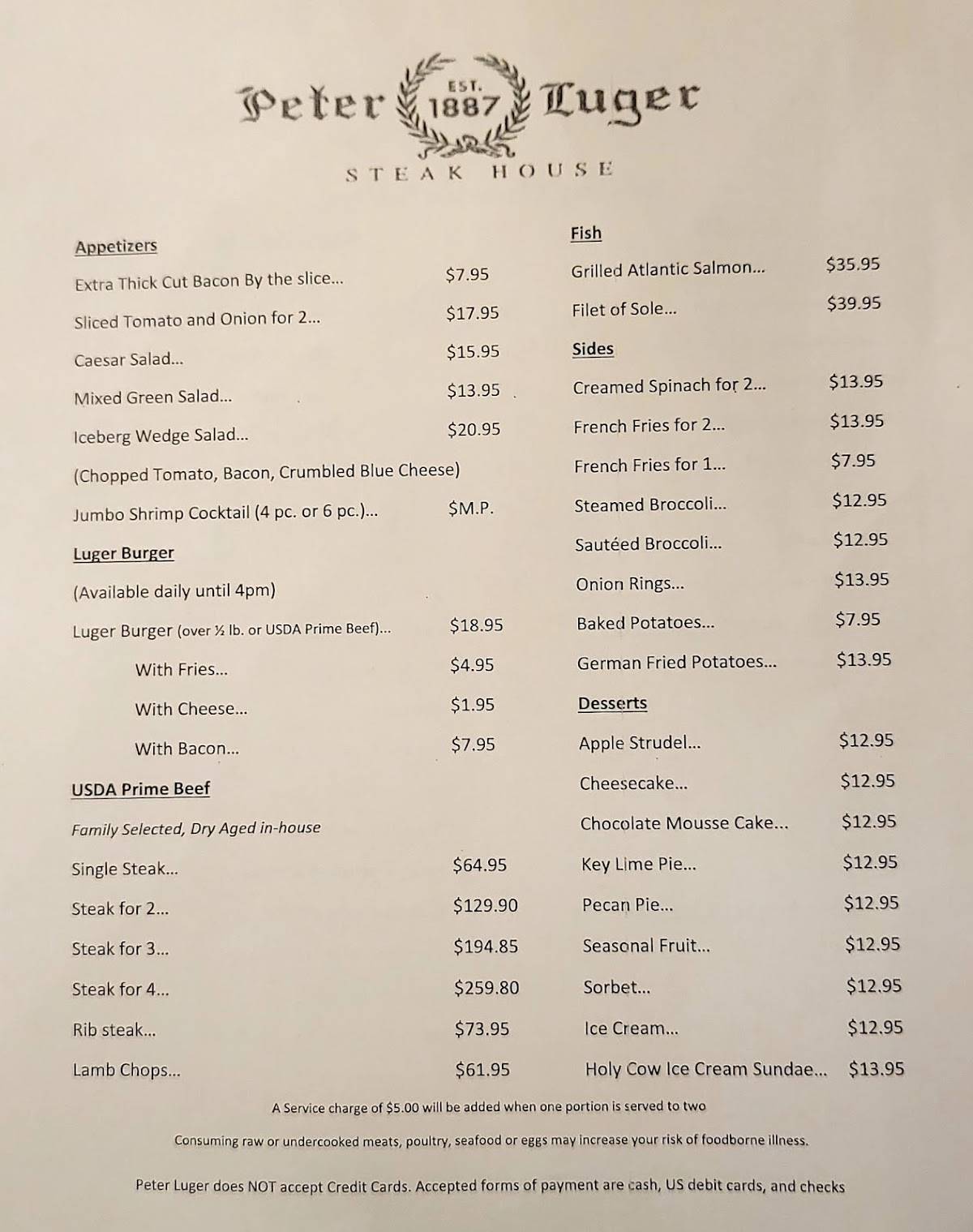 Menu at Peter Luger Steak House steakhouse, New York City, 178 Broadway