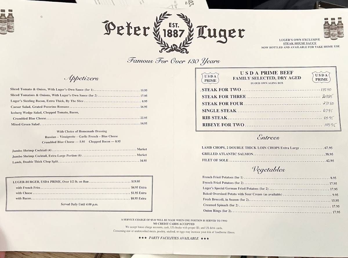 Menu at Peter Luger Steak House steakhouse, New York City, 178 Broadway