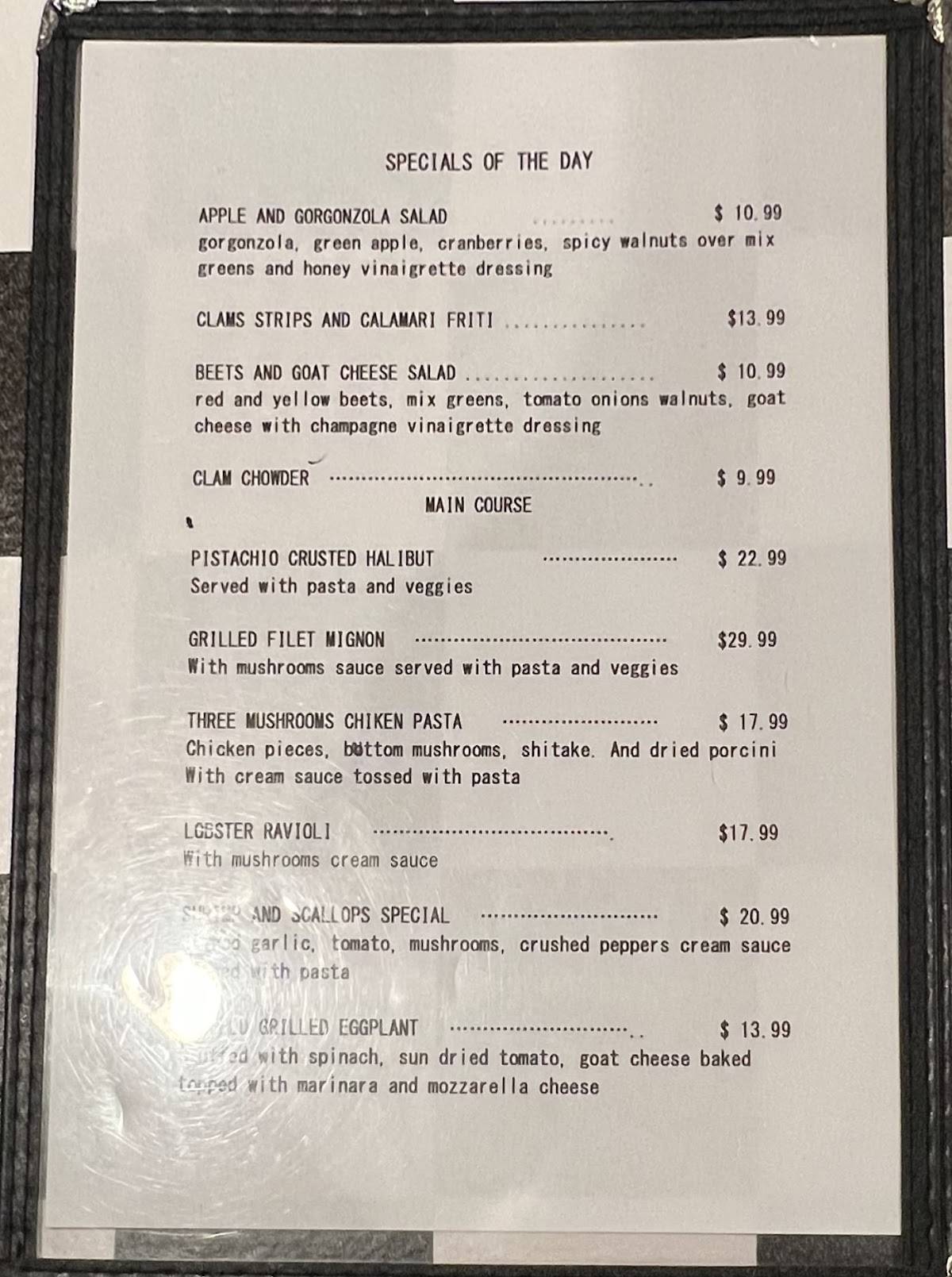 Menu at Piccolino restaurant, Santa Fe