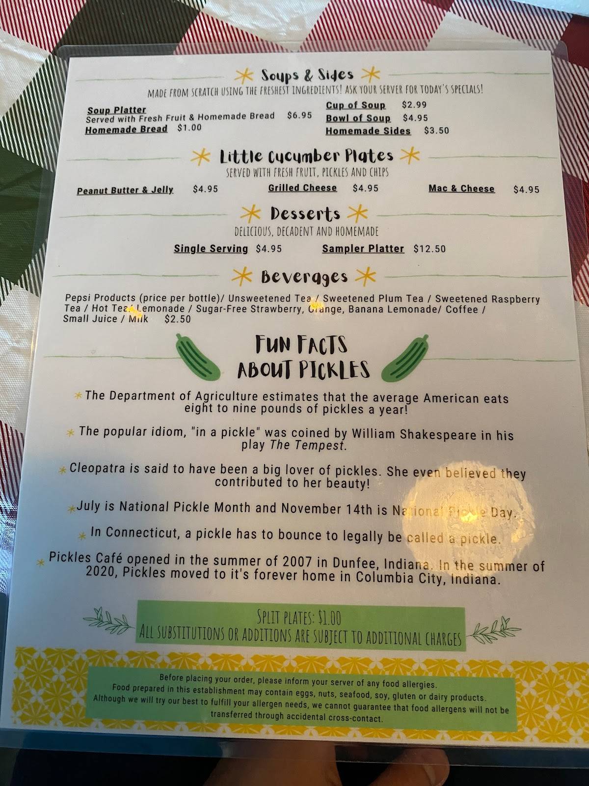 Menu at Pickles Cafe, Columbia City