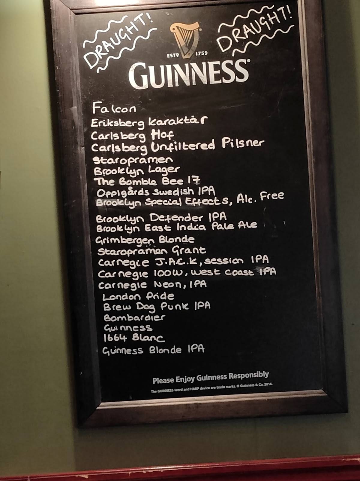 Menu at Pickwick Pub, Malmö