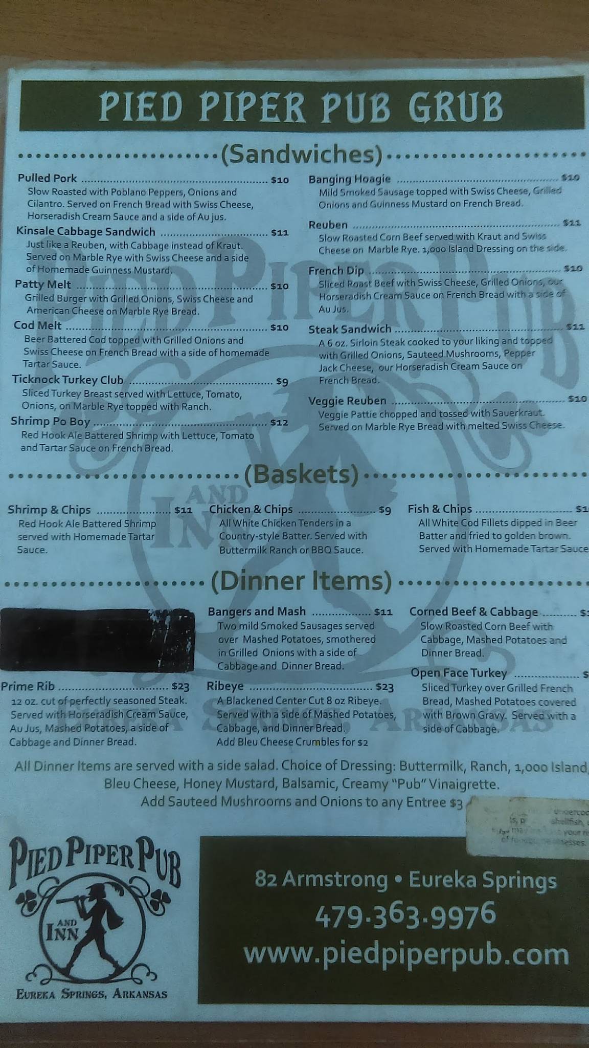 Menu at Pied Piper Pub & Inn and The Cat House Lounge, Eureka Springs