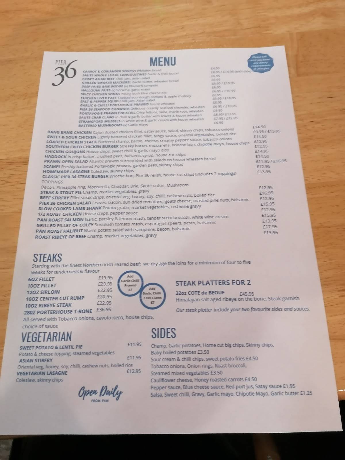Menu at Pier 36 pub & bar, Donaghadee