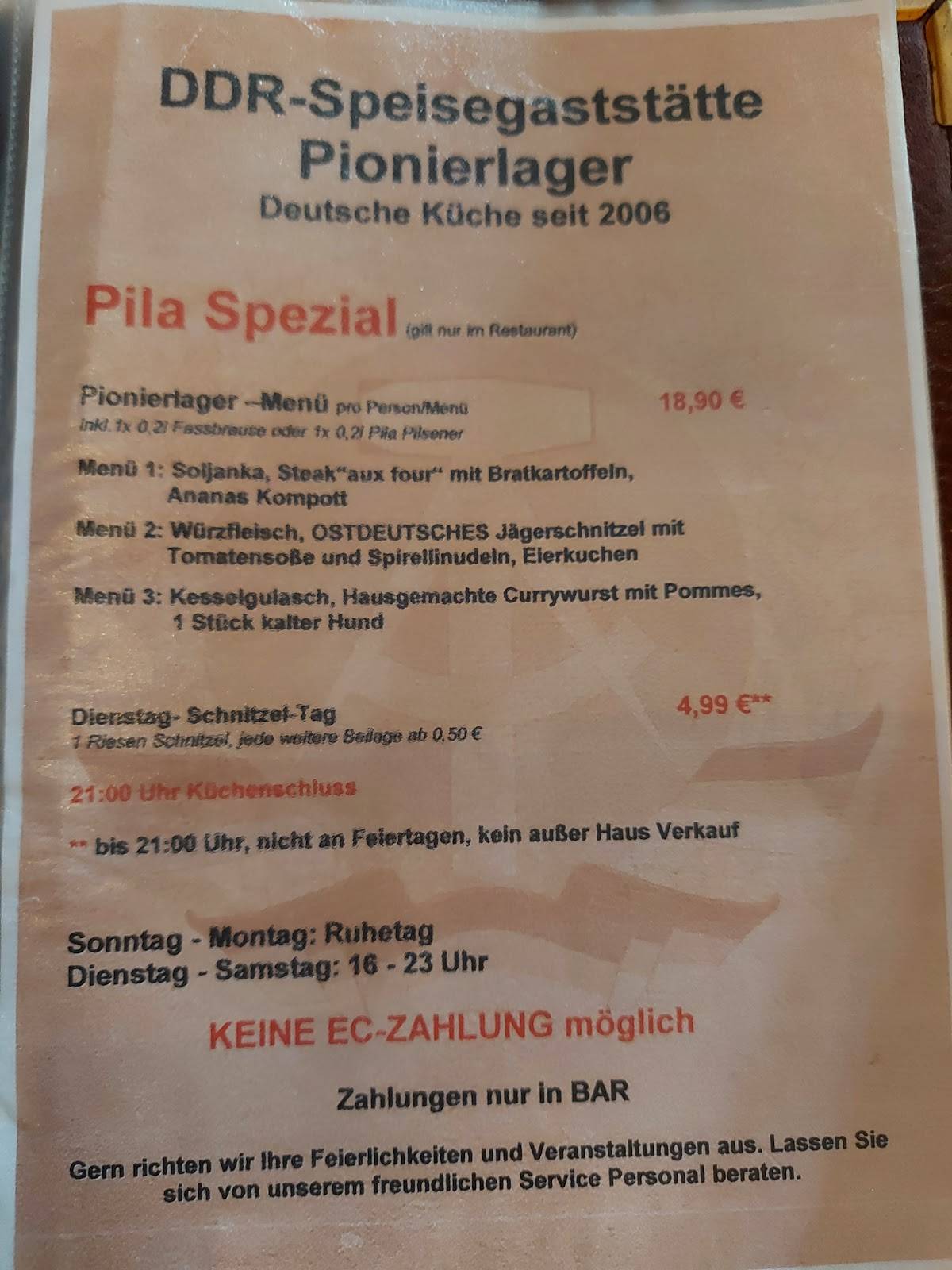 Speisekarte von DDR Speisegaststätte Pionierlager restaurant, Berlin