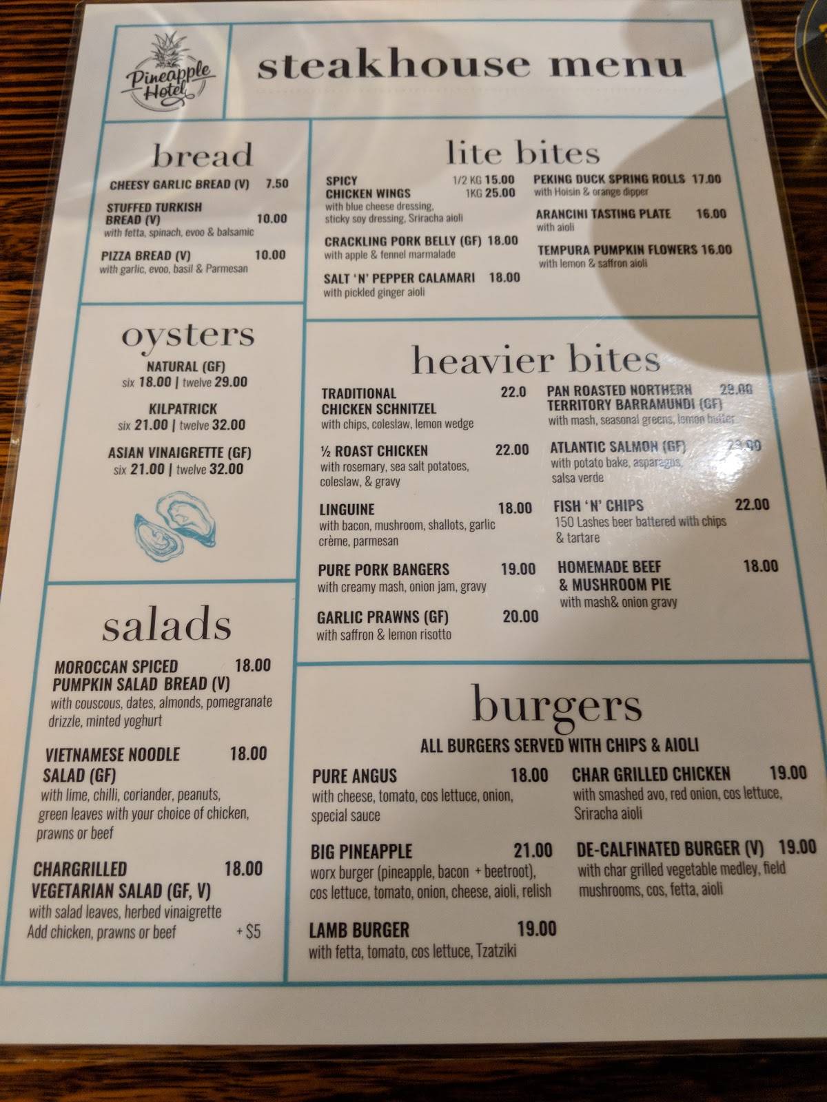 Menu at Pineapple Hotel pub & bar, Kangaroo Point, 706 Main St