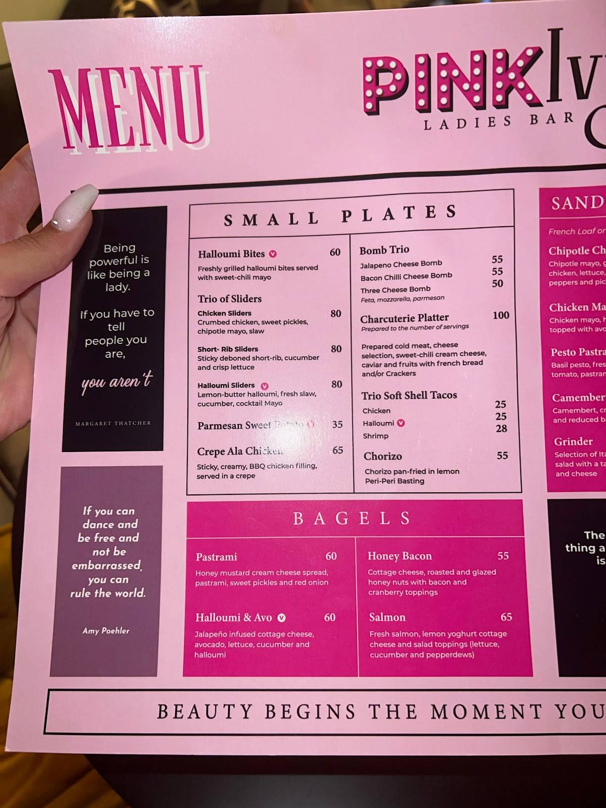 Menu at Pink Ivy Ladies bar, Boksburg