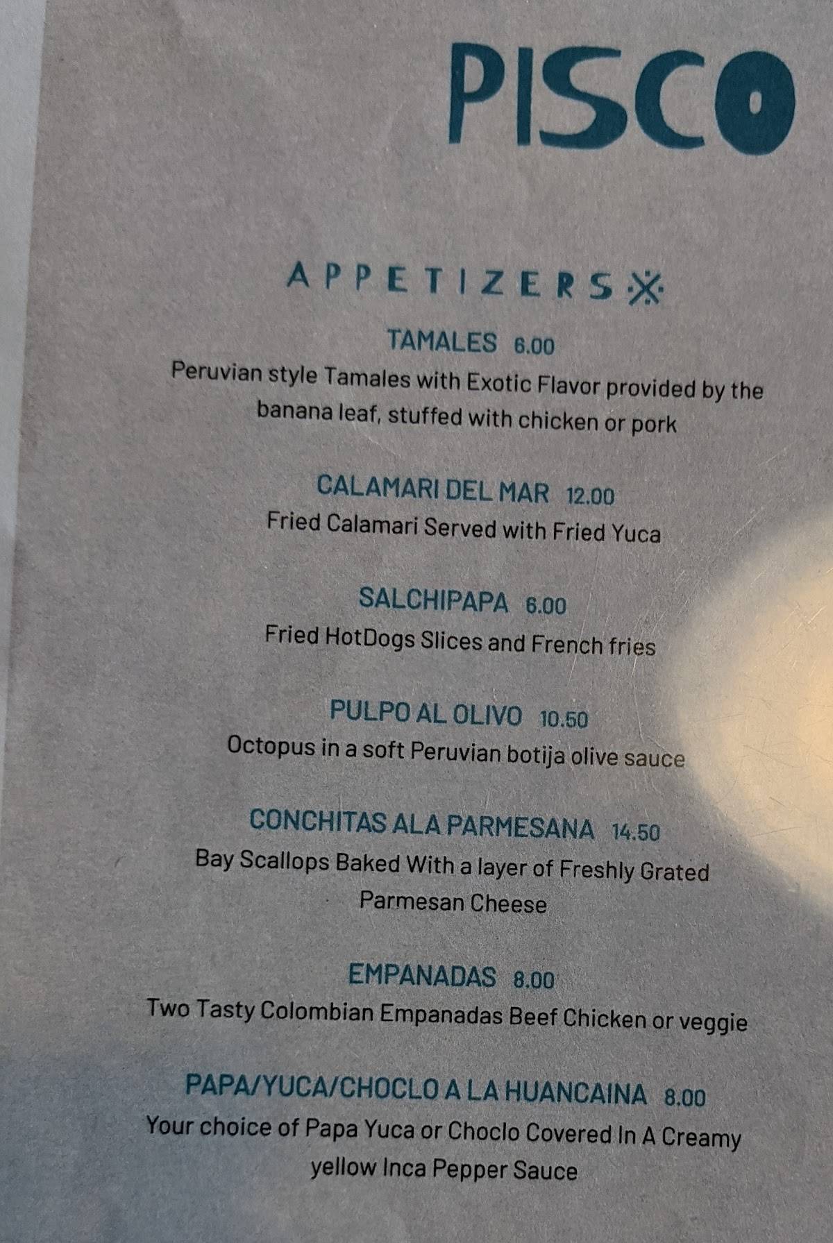 Menu at Pisco Mar restaurant, Raleigh