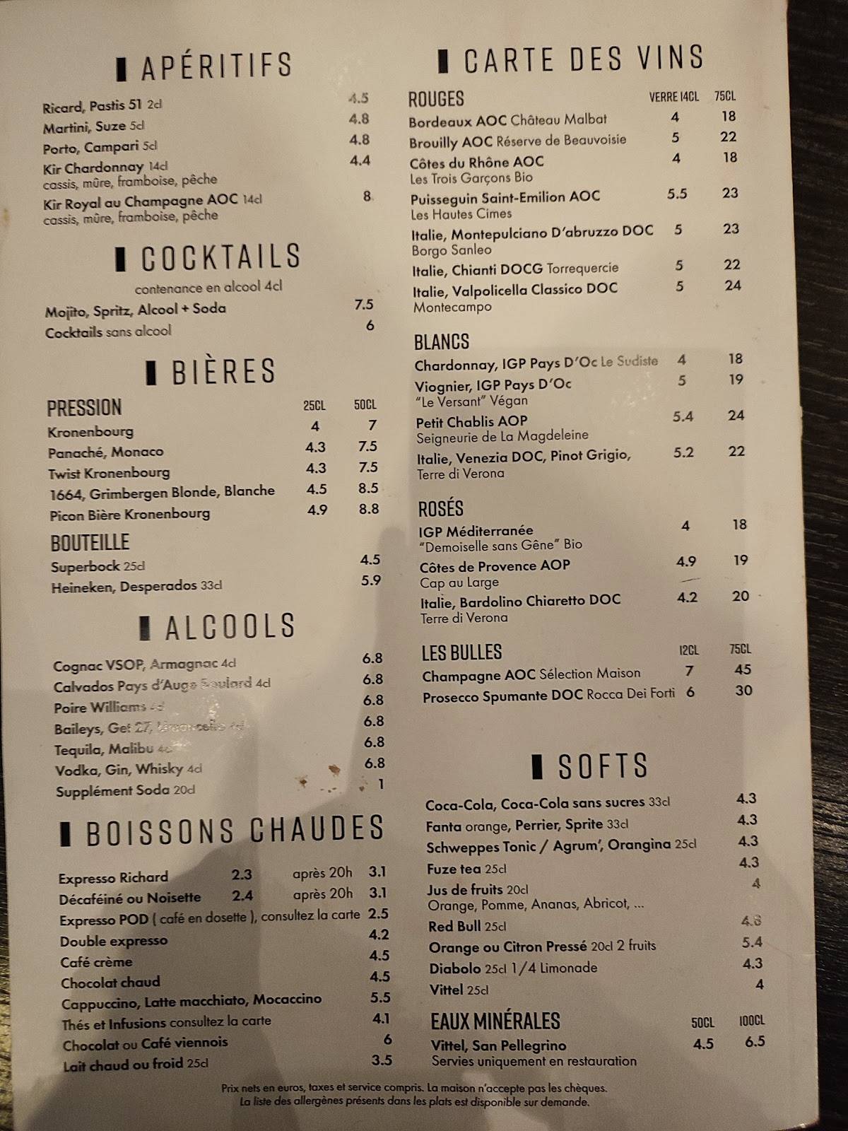 Menu au Chez Julia restaurant, Paris, 168 Bd Masséna