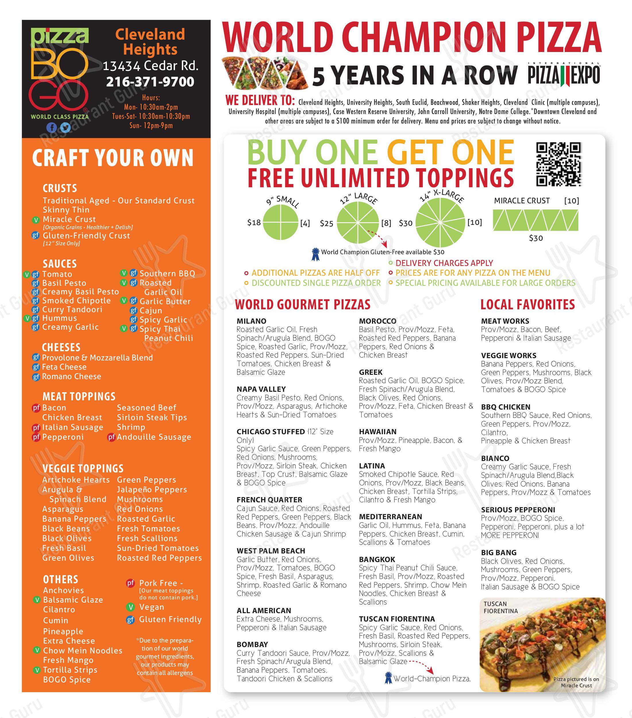 Menu at Pizzabogo pizzeria, Cleveland, Cedar Rd