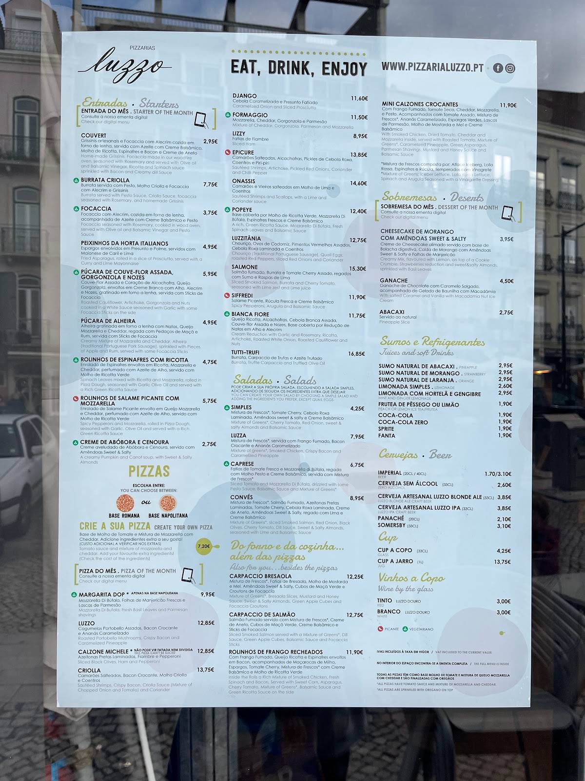 Menu at Pizzaria Luzzo, Lisbon, Largo da Graça 24 Loja