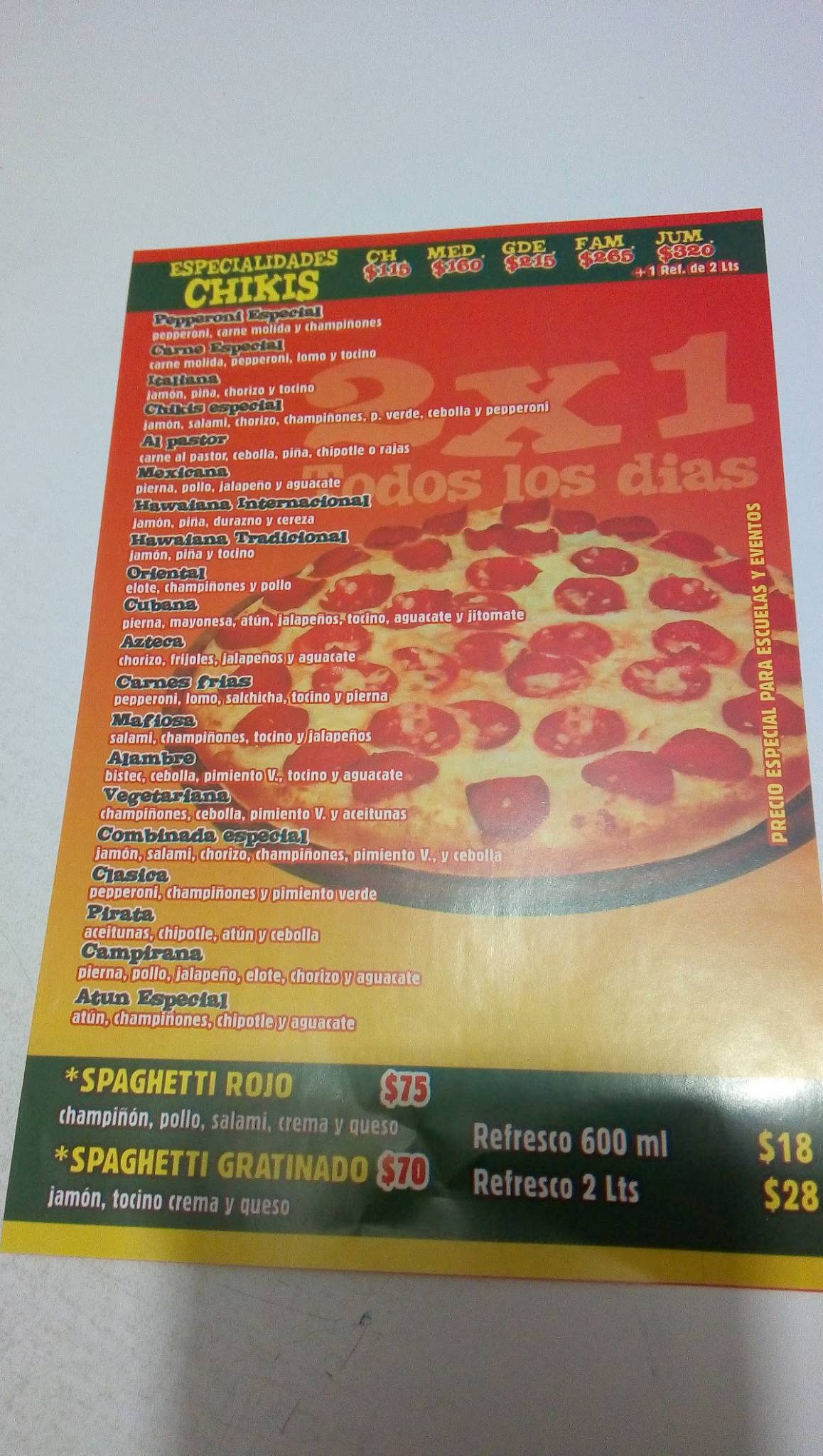 Menu at Chikis pizza pizzeria, Mexico City