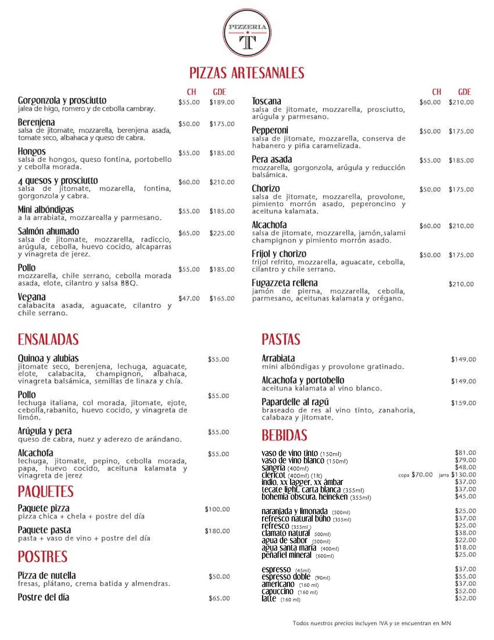 Carta de Pizzería T, Ciudad de México