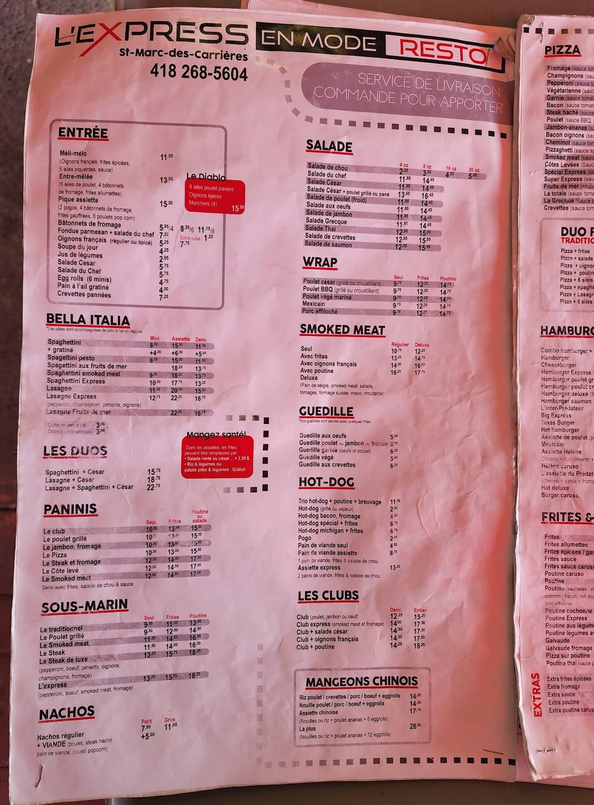 Menu au Casse-Croûte l'Express St-Marc pizzeria, Saint-Marc-des-Carrières