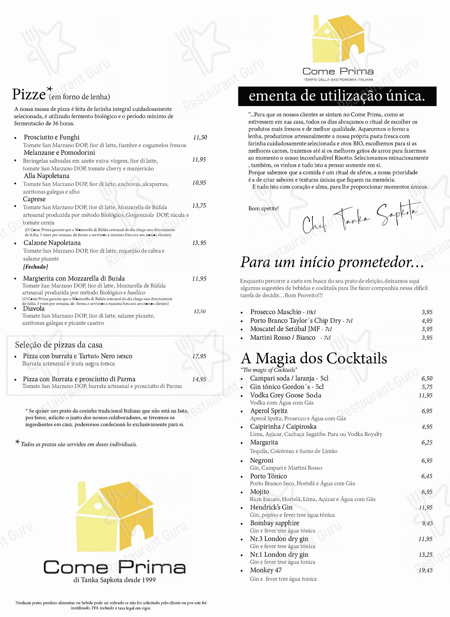 Menu at Restaurante Come Prima, Lisbon