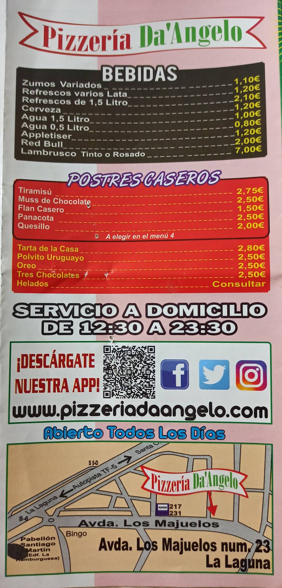 Carta de Pizzería Da Ángelo, San Cristóbal de La Laguna