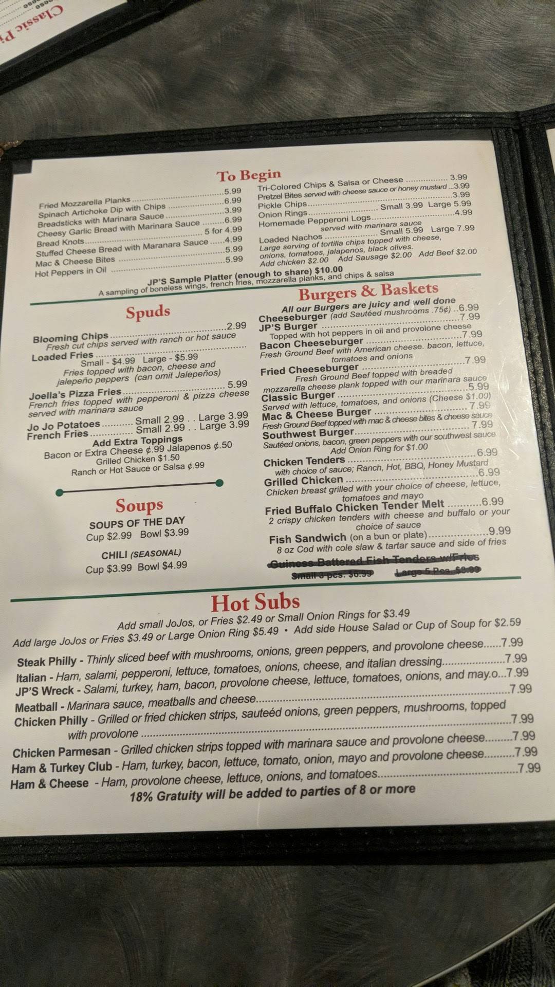 Menu at JP's Pizzeria & Grill, Calcutta
