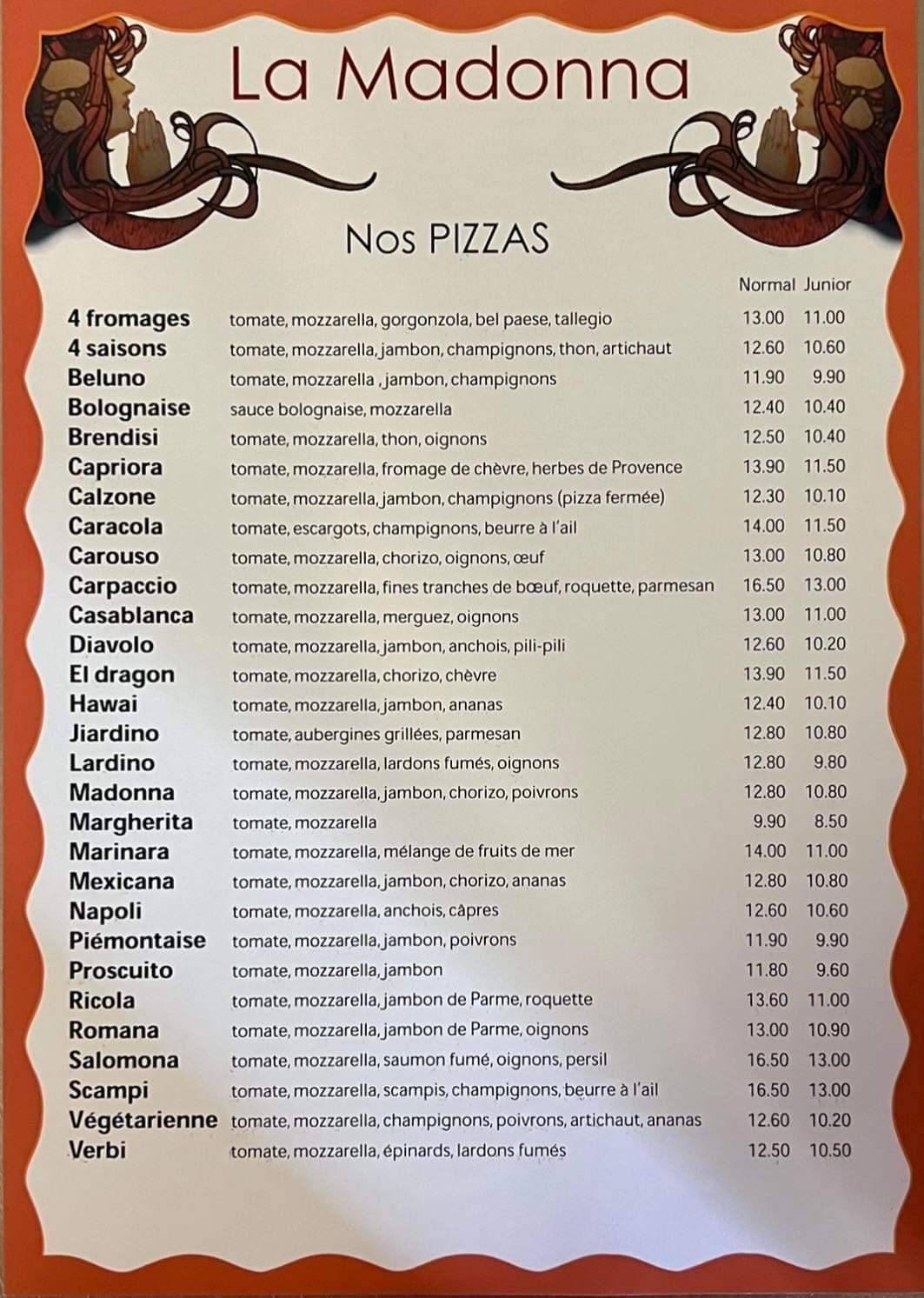 Menu au Pizzeria La Madonna, Antoing
