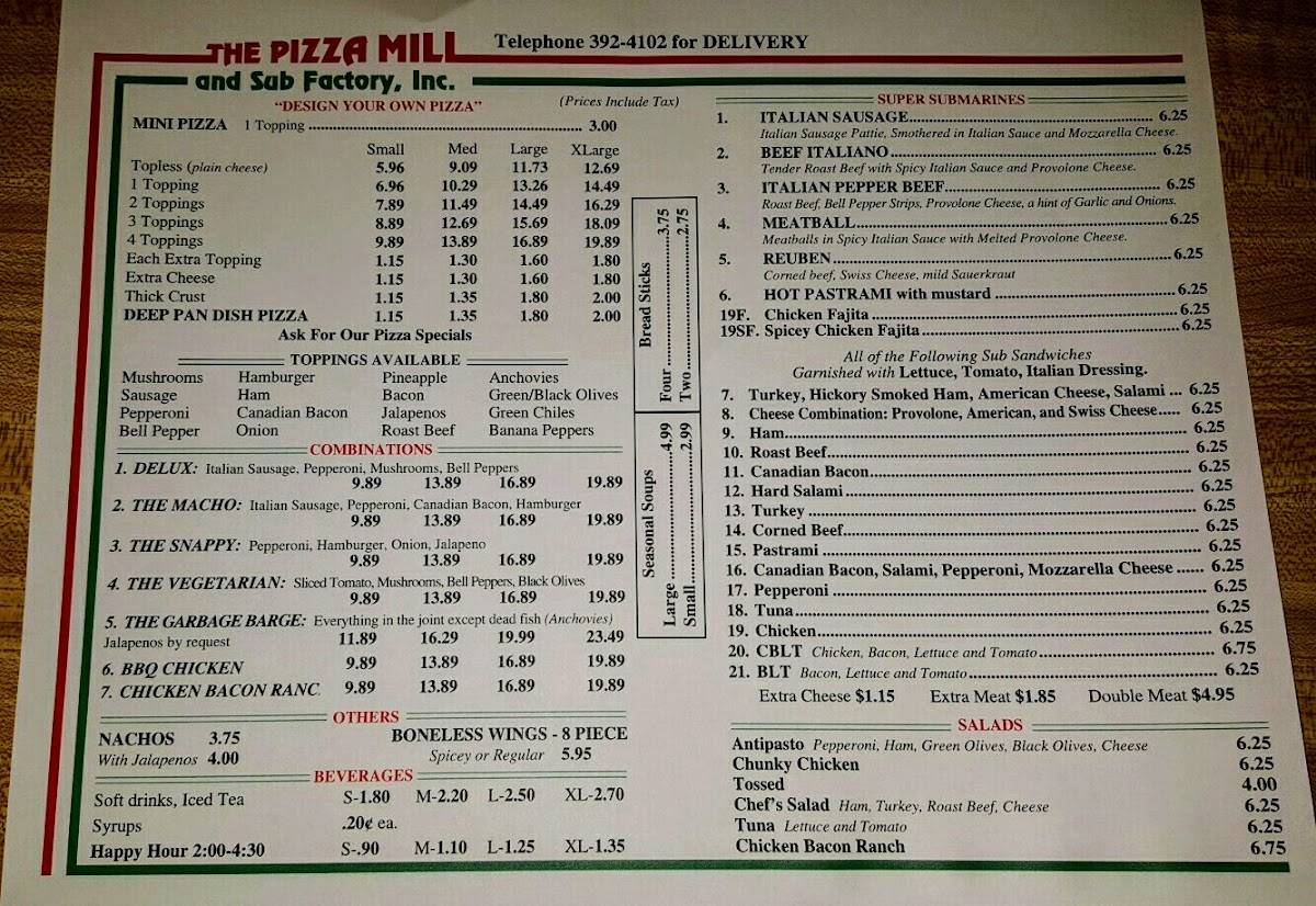 Menu at Pizza Mill & Sub Factory (Hobbs) pizzeria, Hobbs