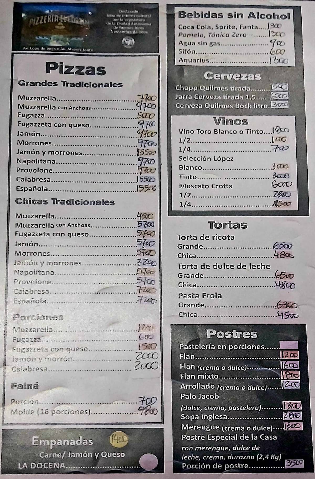 Carta de Pizzería El Fortín, Buenos Aires, Av. Álvarez Jonte 5299