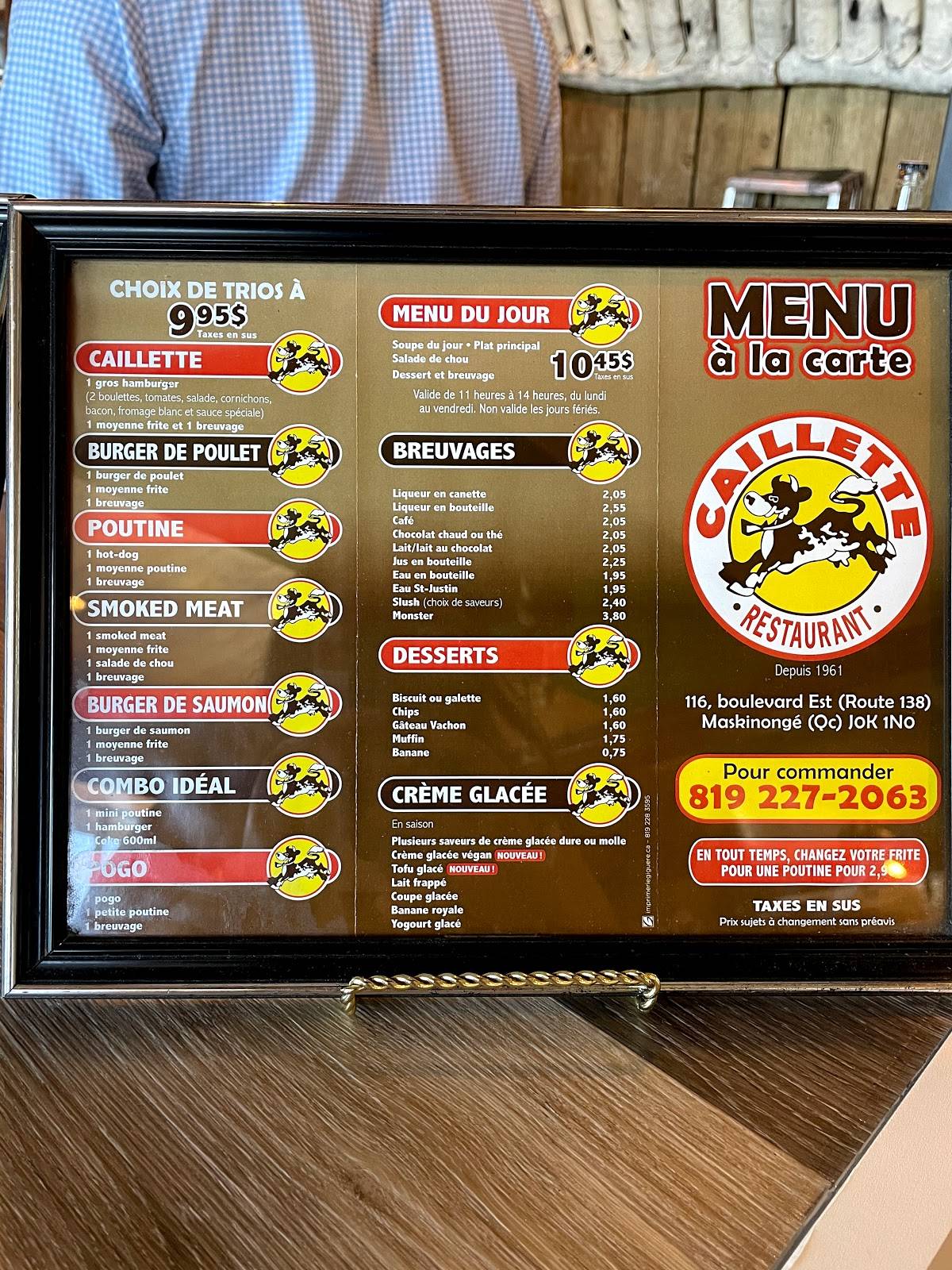 Menu au Restaurant La Caillette, Maskinongé