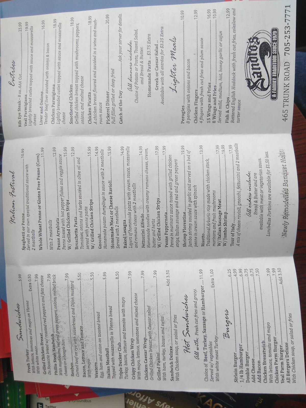 Menu at Sandro's Family Restaurant, Sault Ste. Marie