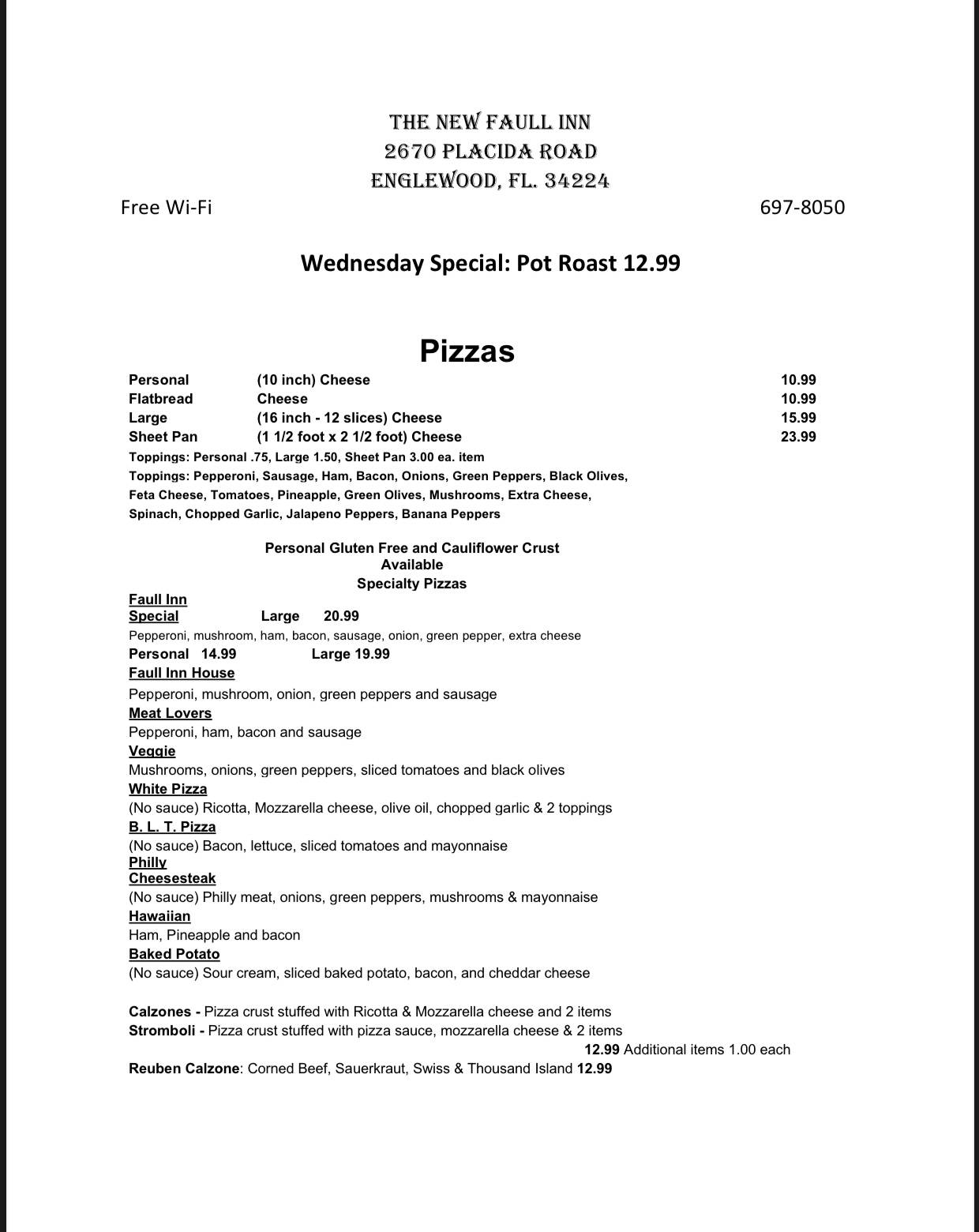 Menu at The New Faull Inn pizzeria, Englewood