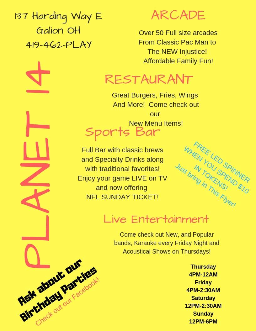 Menu at Planet 14 restaurant, Galion, 137 Harding Way E