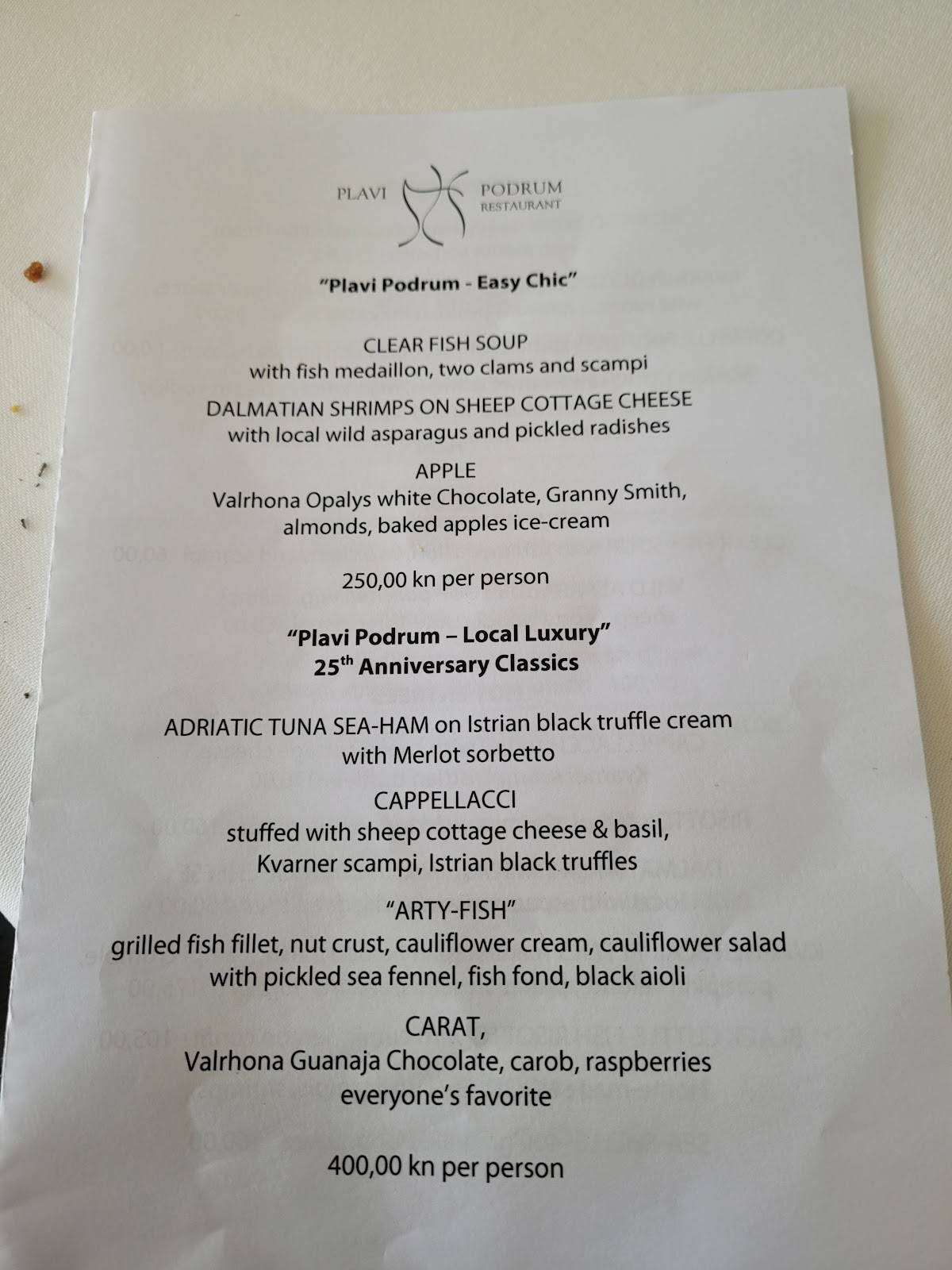 Menu at Plavi podrum restaurant, Opatija
