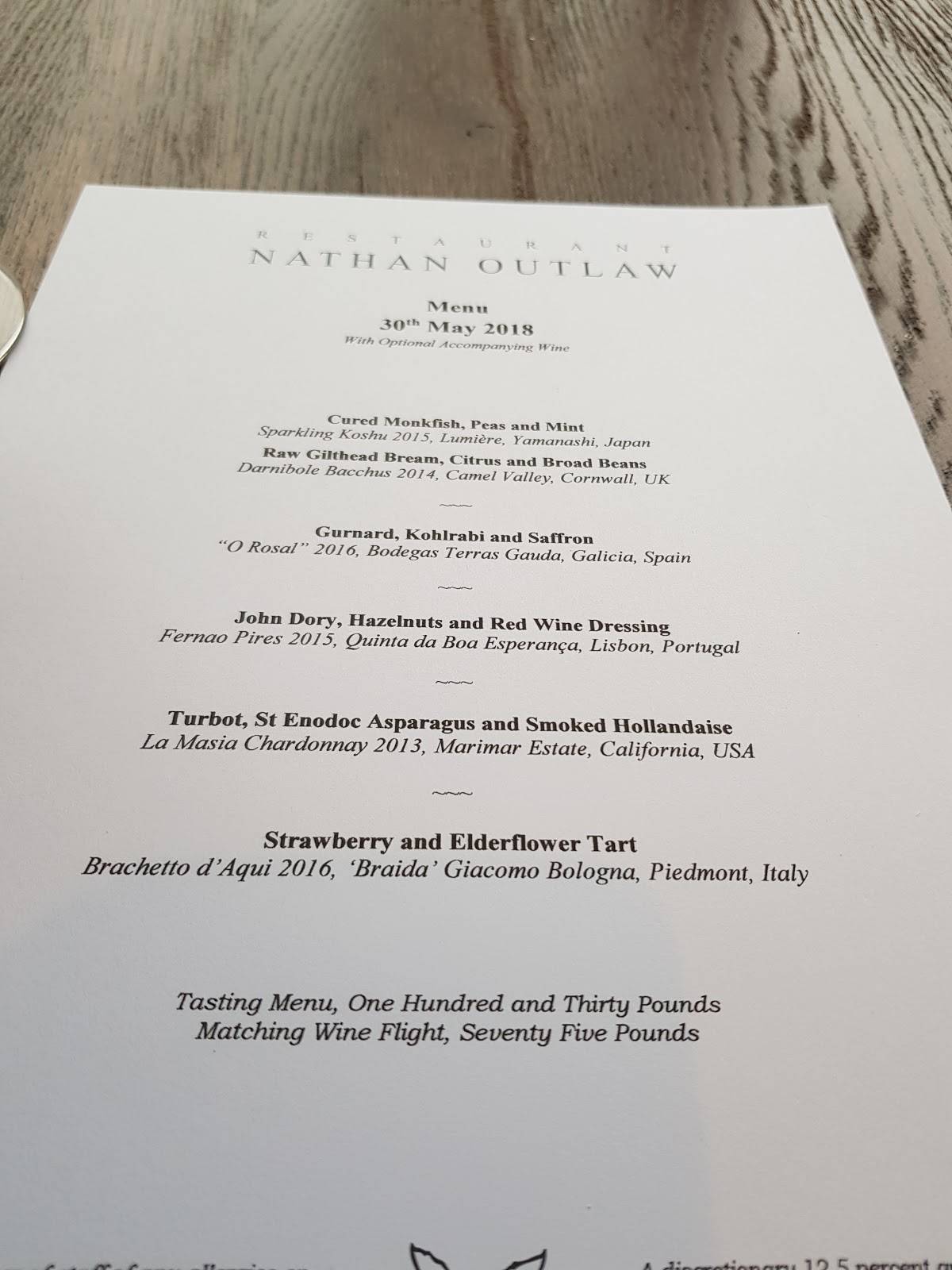 Menu at Outlaw's New Road restaurant, Port Isaac