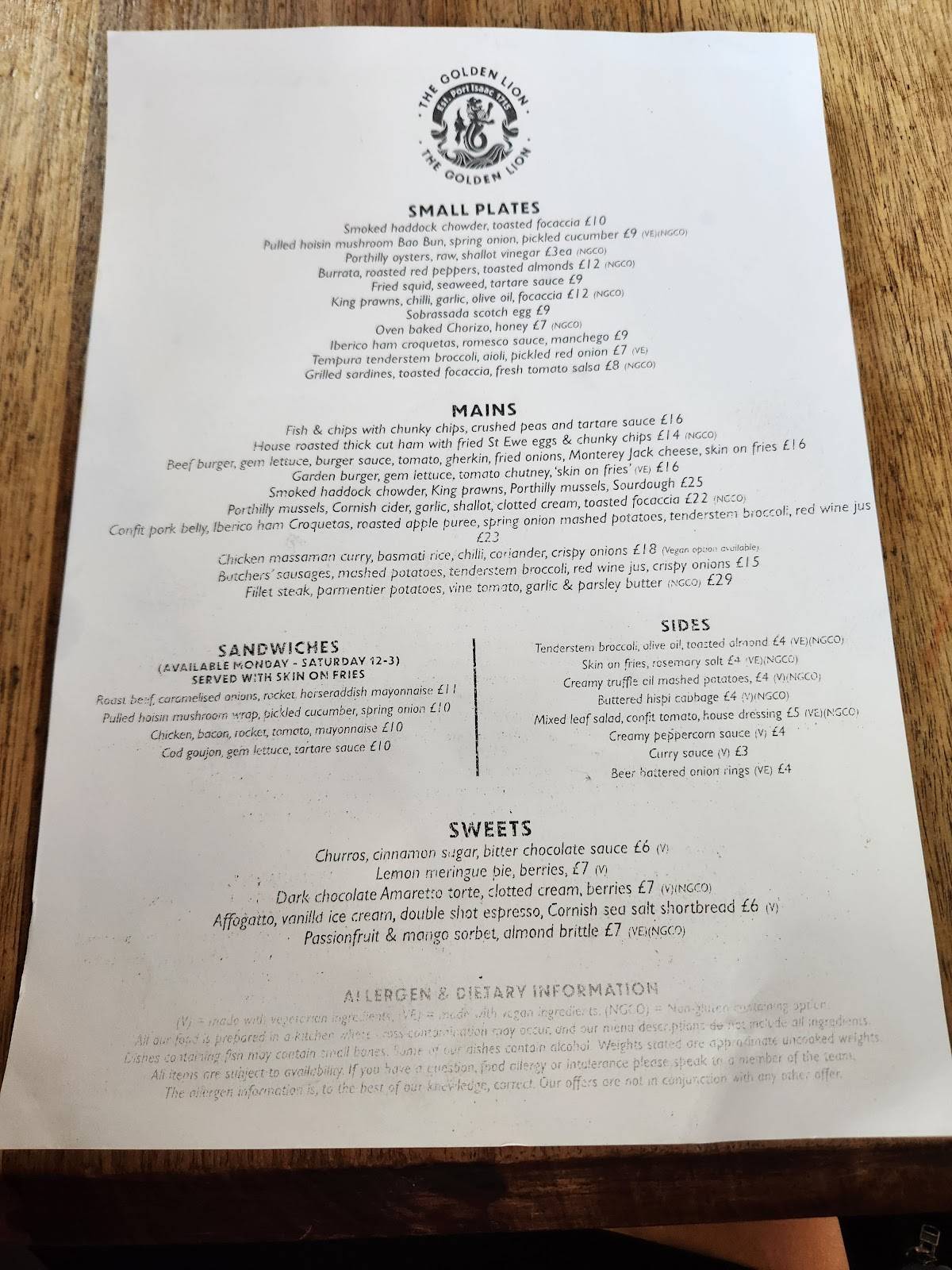 Menu at The Golden Lion pub & bar, Port Isaac