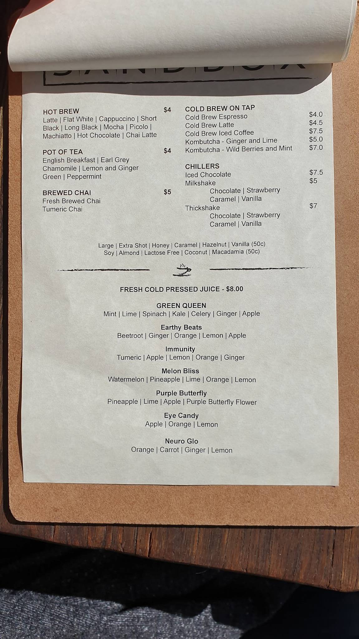 Menu at Sandbox cafe, Port Macquarie, 36 Tuppenny Rd