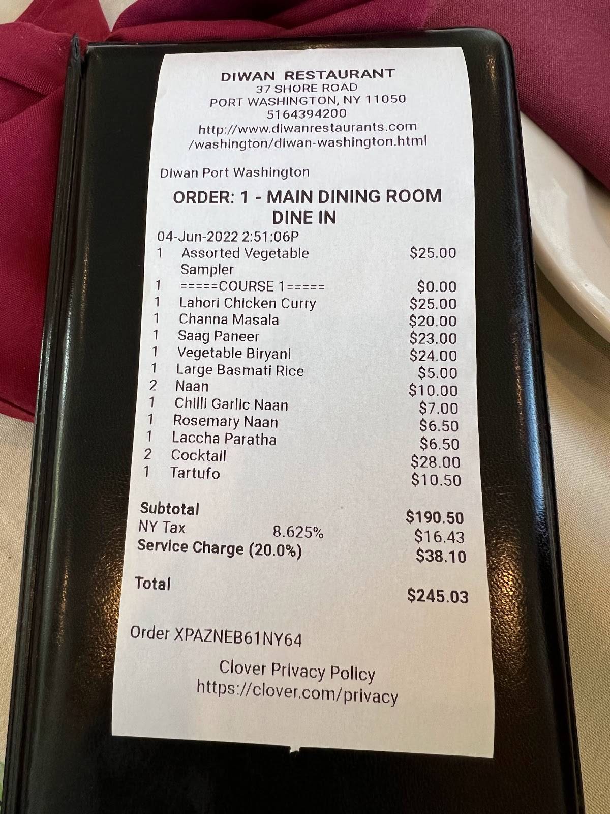 Menu at Diwan Indian Restaurant, Port Washington