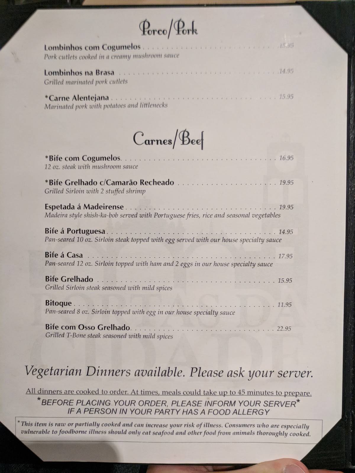 Menu at Portas Da Cidade restaurant, Westport