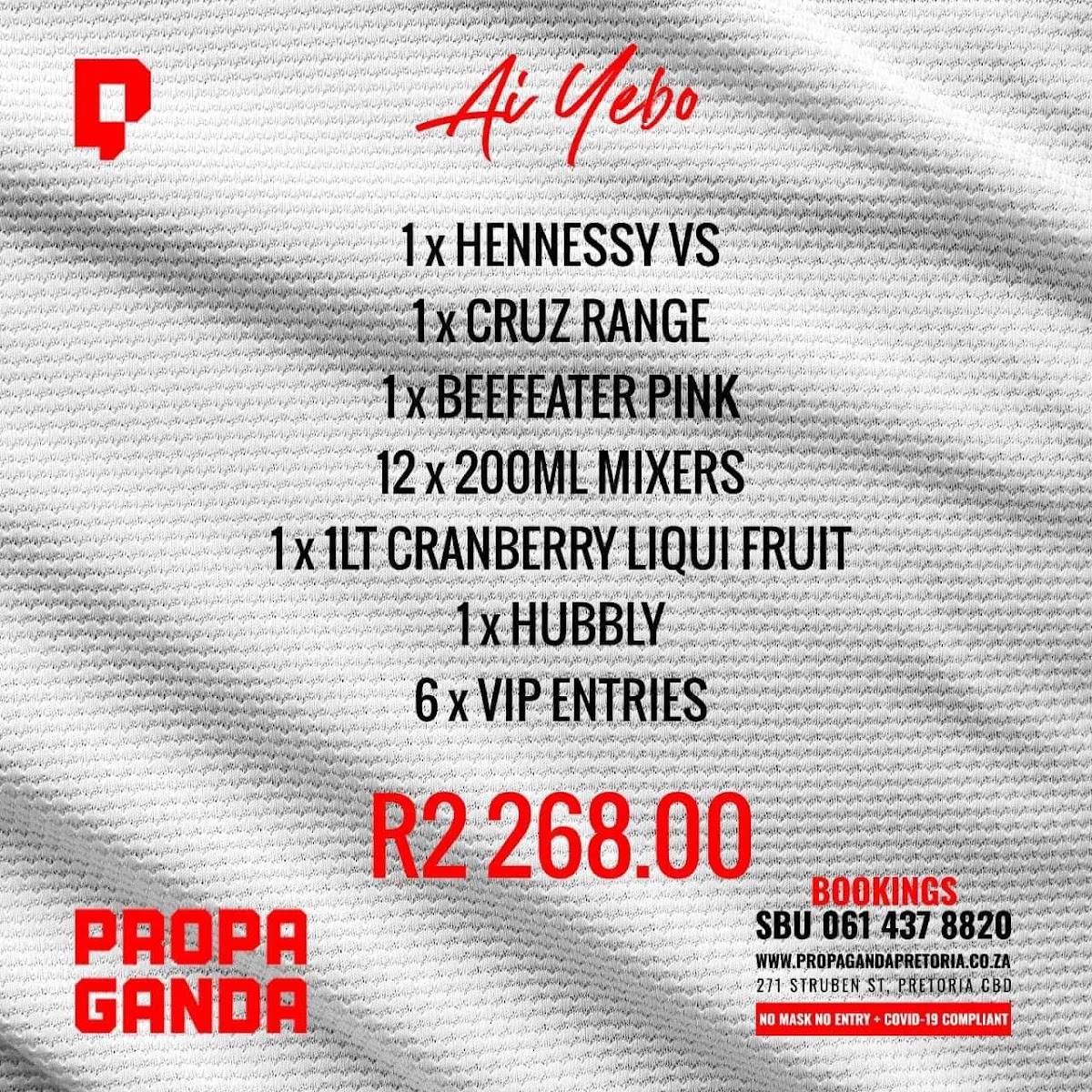 Menu at Propaganda Pretoria club, Pretoria