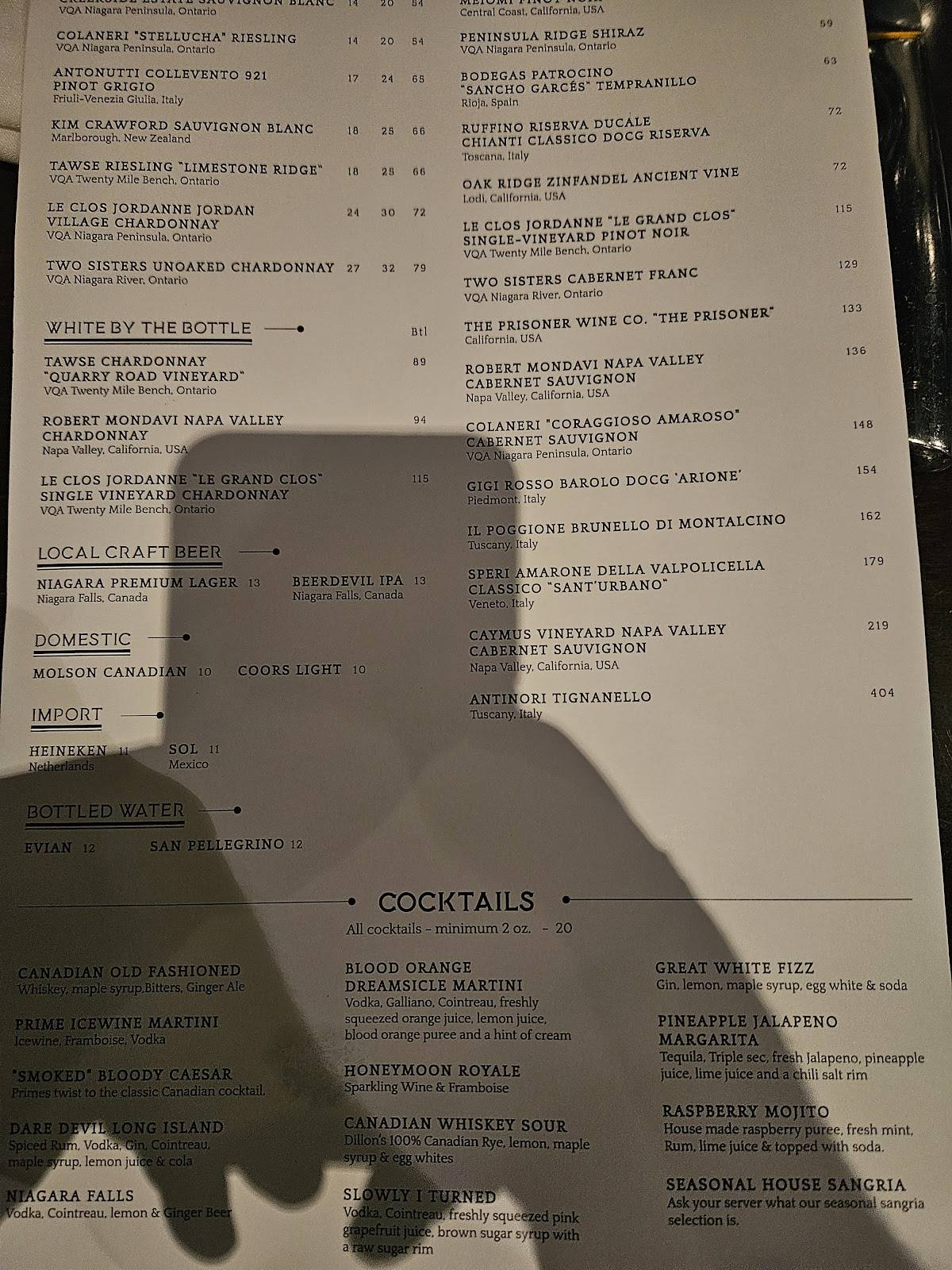 Menu at Prime Steakhouse Niagara Falls, Niagara Falls