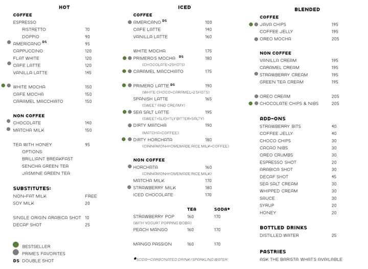 Menu at Primero Coffee Ph - Subic Bay Freeport Zone, Olongapo
