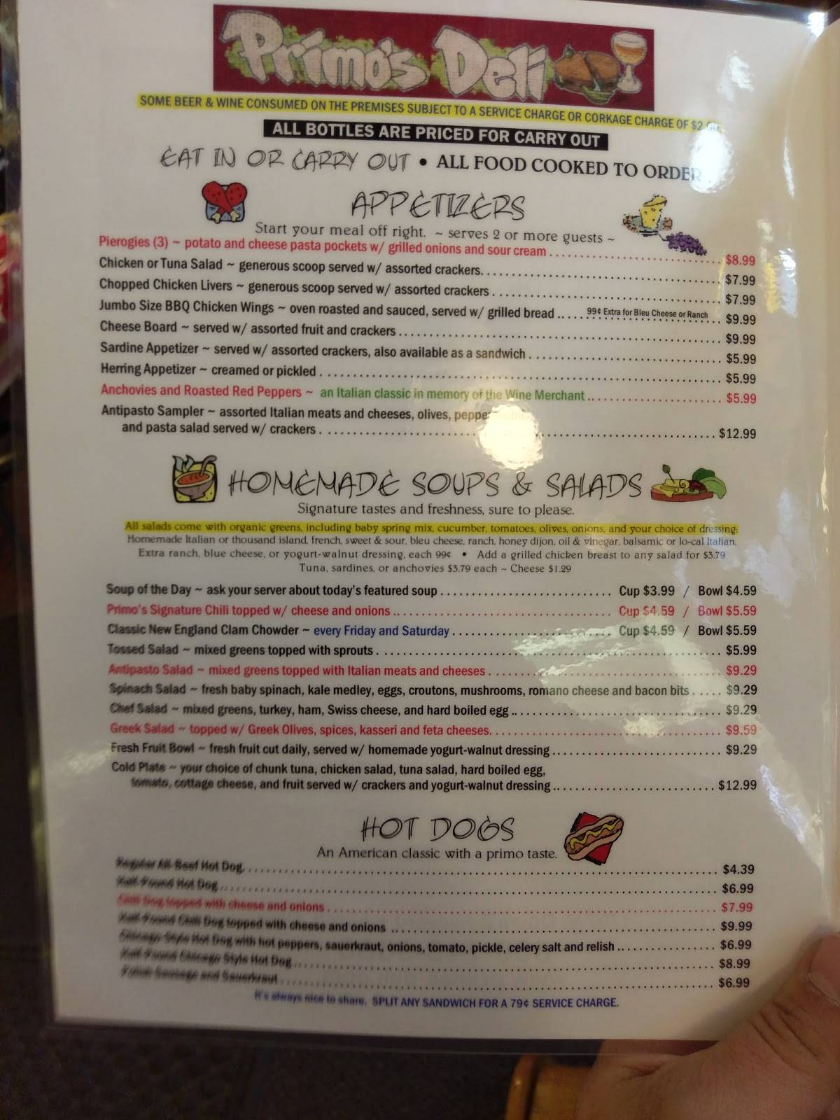 Menu at Primo's Deli restaurant, Akron