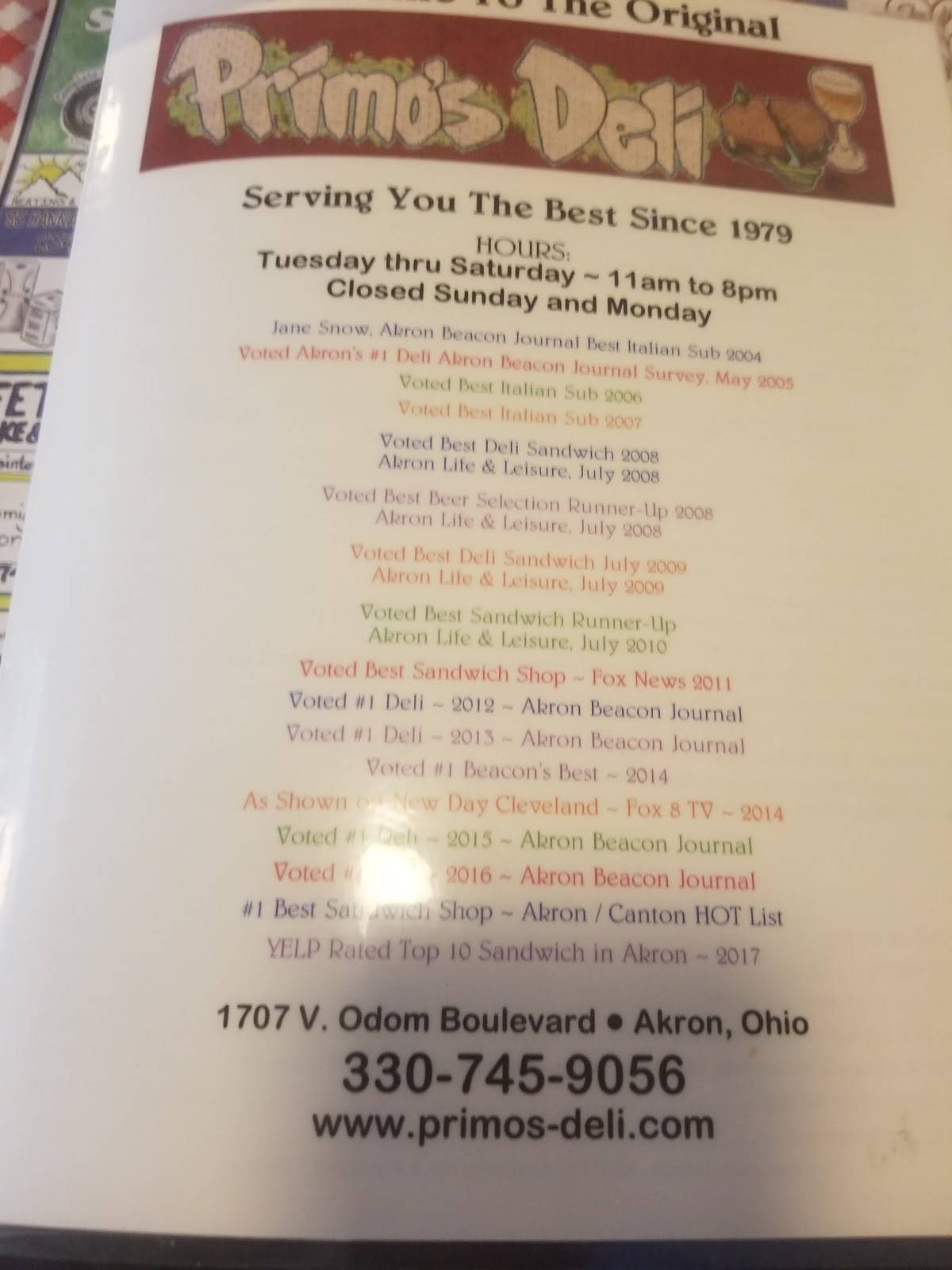 Menu at Primo's Deli restaurant, Akron