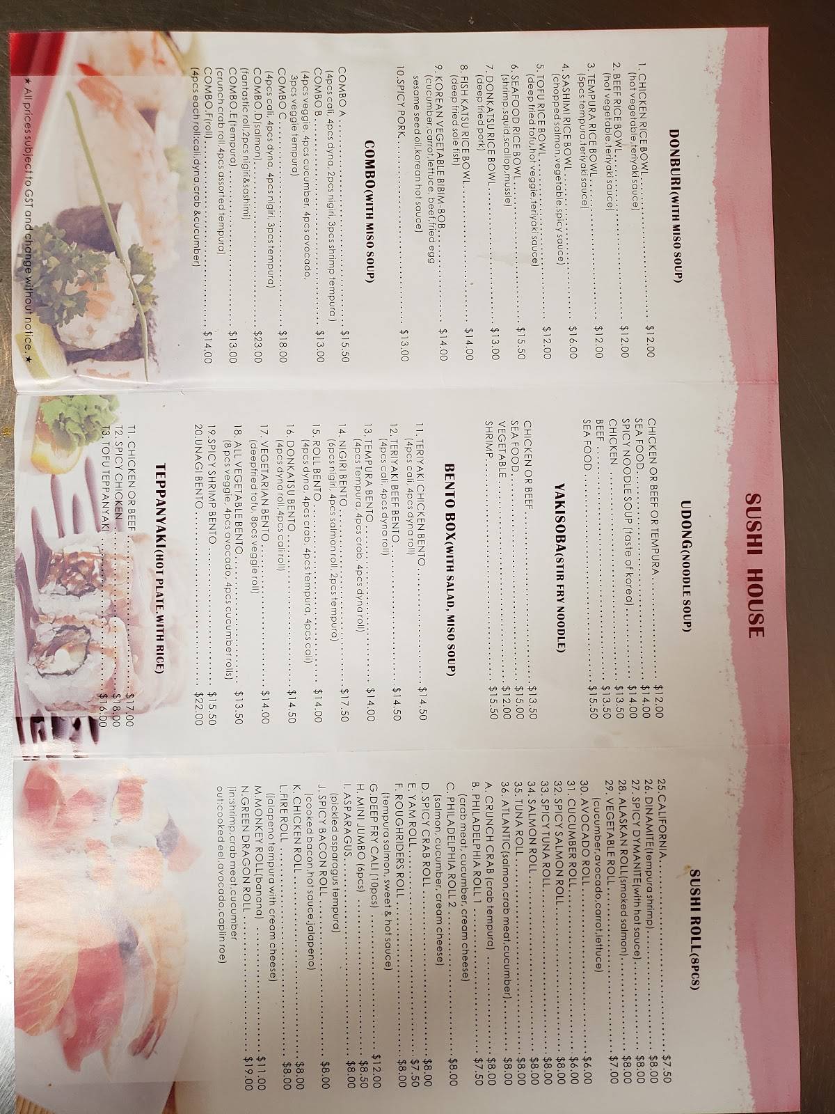Menu at Sushi House restaurant, Prince Albert