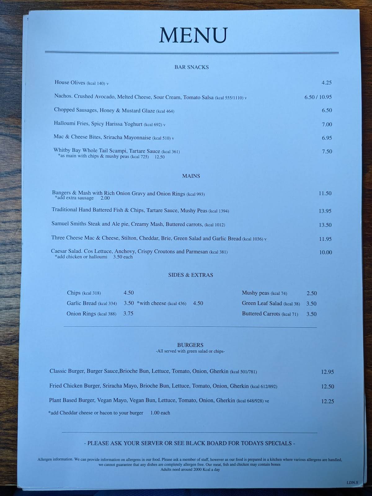 Menu at Princess Louise pub & bar, London