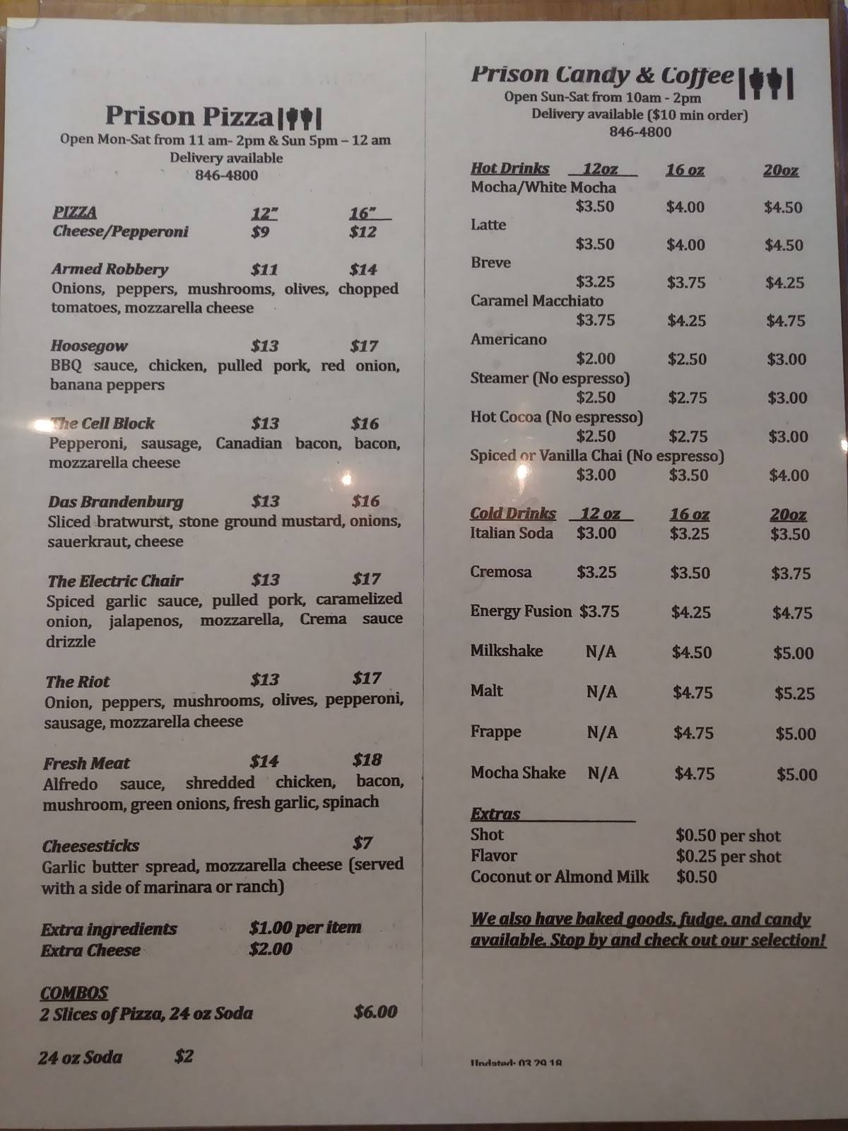 Menu at Prison Pizza pizzeria, Deer Lodge