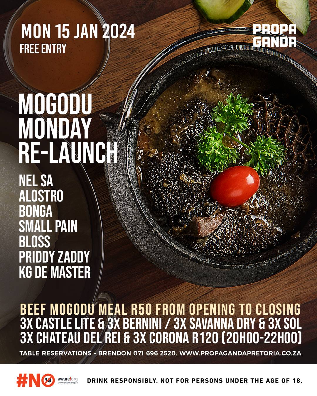 Menu at Propaganda Pretoria club, Pretoria