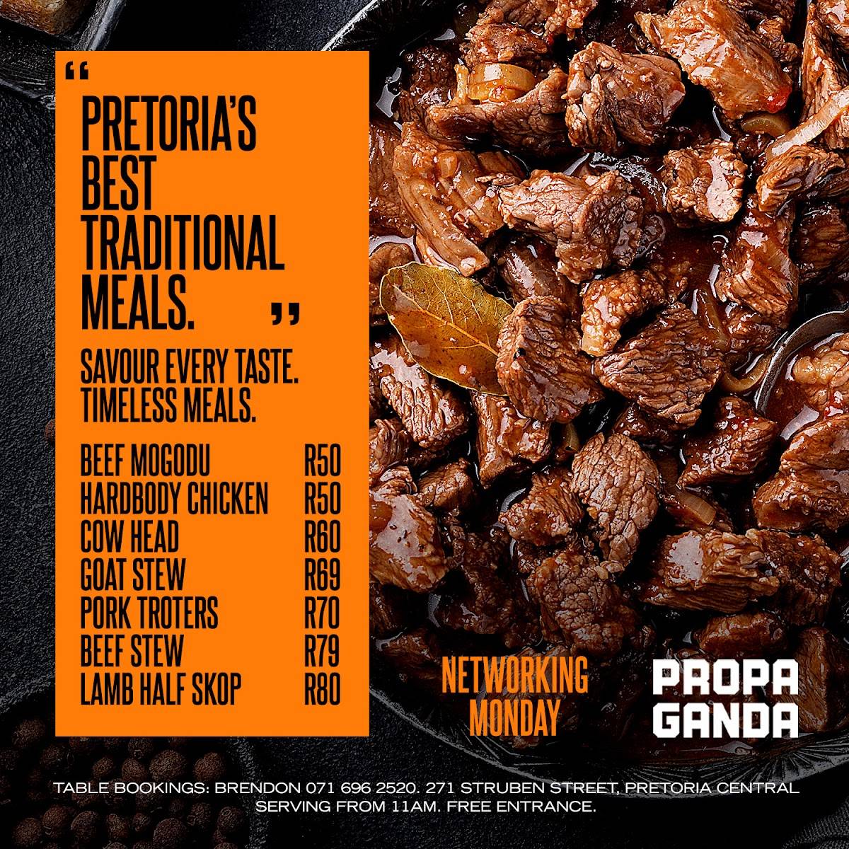 Menu at Propaganda Pretoria club, Pretoria