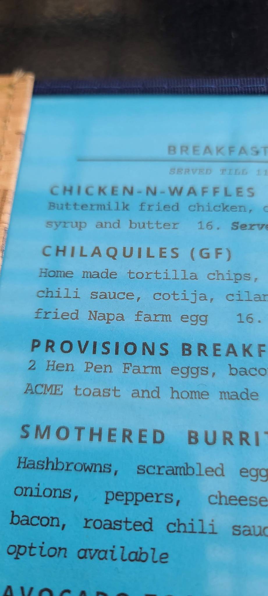 Menu at Provisions restaurant, Vallejo