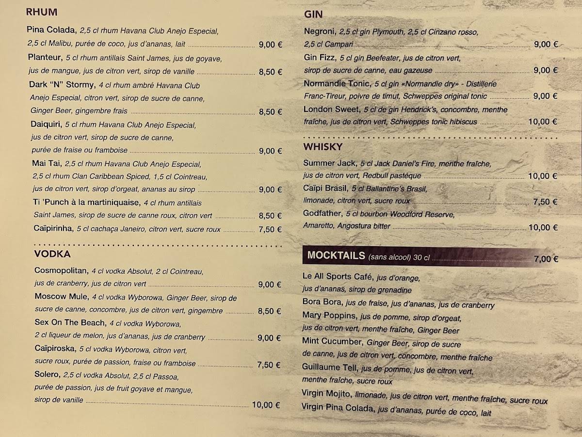 Menu au All Sports Café, Rouen